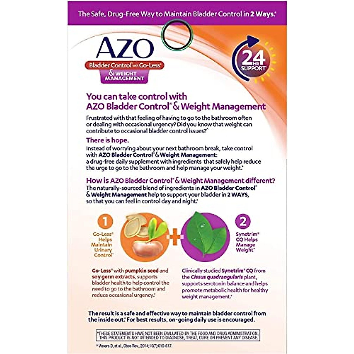 AZO Bladder Control with Go-Less® & Weight Management Dietary Supplement | Helps Reduce Occasional Urgency* | Promotes Healthy Metabolism* | Supports a Good Night’s Sleep* | 48 Capsules