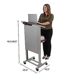 Stand Up Desk Store Mobile Adjustable Height Rolling Lectern Podium with Heavy Duty Steel Frame (Silver Frame/Dark Walnut Shelves, 25.5" Wide)
