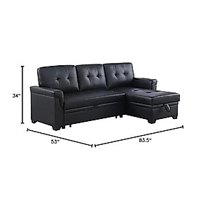 OMGO Leather L Shaped Reversible Sectional Sofa w/Storage Chaise, Convertible Corner Couch with Pull Out Bed, for Small Space Apartment, Living Room, Bedroom