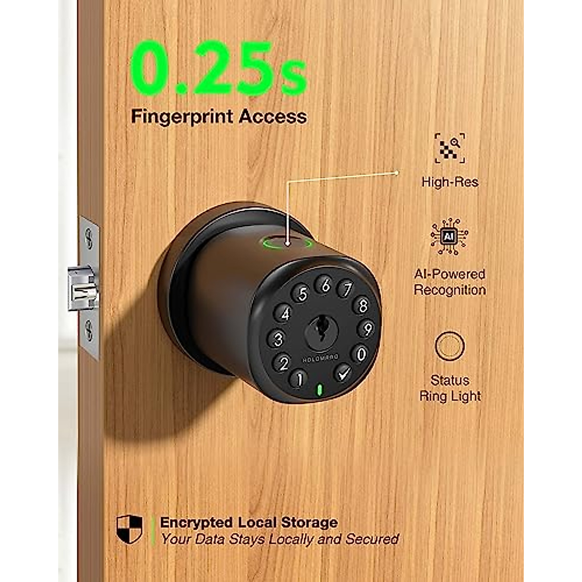 HOLOMARQ Fingerprint Door Knob Lock with Keypad Biometric Door Knob,Combination Door Knob, Smart Door Knob, 4 AA Batteries, for Bedroom Office Interior Door Sequra H2 Matte Black