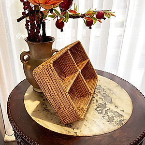 i-lan 4 Compartments Rectangular Rattan Basket, 12 Inch Divided Basket Tray with 3” Deep Wall, Decorative Flat Wicker Serving Basket for Fruit, Snacks, Catch All Dish, Brown