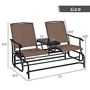 Giantex Patio Bench Glider Chair with Metal Frame, Center Tempered Glass Table, Outside Double Rocking Swing Loveseat for Porch, Garden, Poolside, Balcony, Lawn Rocker Outdoor Glider Bench(Brown)