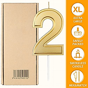 3.94 Inches Oversized 1 Candle Birthday Candles Numbers with 6 Gold Long Thin Metallic Birthday Candles Gold Birthday Candles One Candle Cake Number Candles, Party Celebration (Number 2)