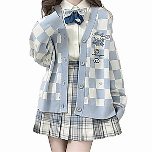 Kawaii Sweater Anime Blue Plaid Cardigan Sweaters for Women Cosplay Costume V Neck Long Sleeve Women's Button Knitted Outerwear JK Uniform M