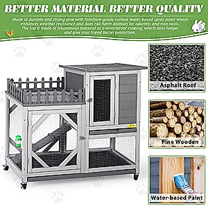 COZIWOW Rabbit Hutch with Balcony,Large Rabbit Cage Bunny Cage on Wheels,Guinea Pig Coop for Indoor Outdoor, Ramp, Pull-Out Tray, Water Bottle, Gray