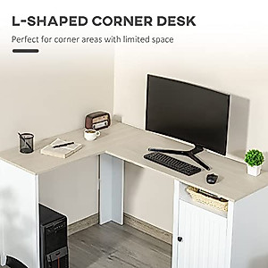 HOMCOM L-Shaped Computer Desk with Open Shelf and Storage Cabinet, Corner Writing Desk with Adjustable Shelf, White
