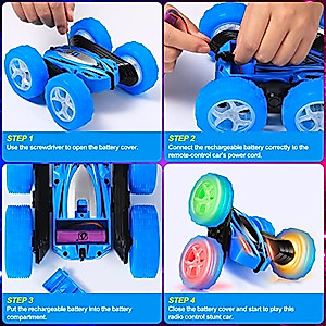 Flymevac Remote Control Car, 360° Rotating RC Stunt Cars with Wheel Lights and Headlights,4WD 2.4Ghz Double-Sided Fast and Flips RC Cars for 6-12 Year Old Kids Xmas Toy Cars Gift for Boys Girls(Blue)