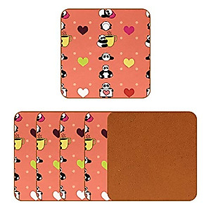Funny Sleepy Panda Coffee and Hearts Pattern Coasters for Drinks, Set of 6, Coasters for Coffee Mugs Cups Beer Wine Bottle Cocktail Desk Prevent Furniture from Dirty and Scratched