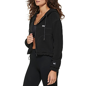 DKNY Women's Sport Cropped Full Zip Polar Fleece Jacket, Black/Silver, Medium