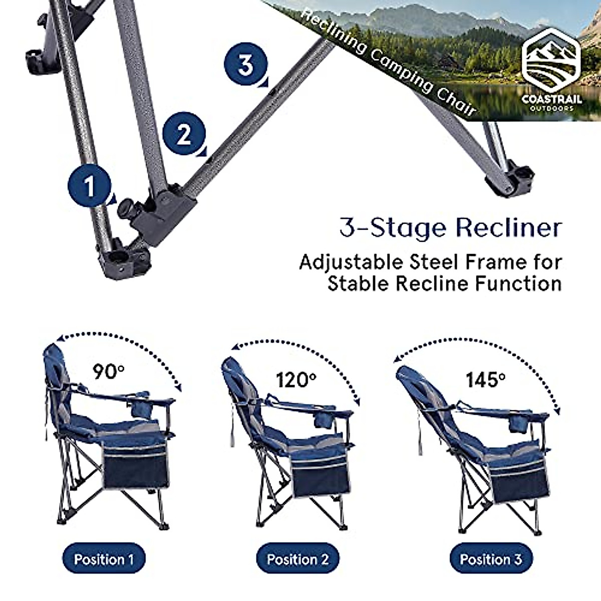 Coastrail Outdoor Reclining Camping Chair 3 Position Folding Lawn Chair for Adults Padded Comfort Camp Chair with Cup Holders, Head Bag and Side Pockets, Supports 350lbs, Blue&Grey