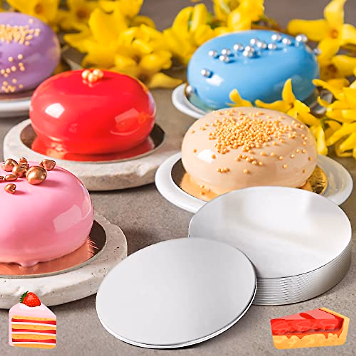 Cake Boards Round 4 Inch Mini Cake Circle Base Boards Disposable Cardboard Cake Plate Round Coated Cakeboard for Kitchen Baking Caking Pizza Dessert Cupcake Tray (Silver,50 Pieces)