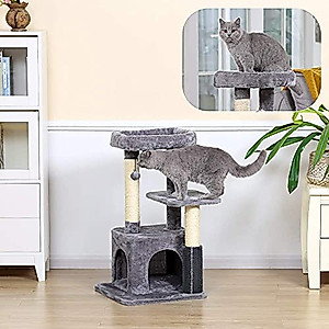 GIOPACO Cat Tree Small Cat Tower, Kitten Activity Centre with 2 Sisal Cat Scratching Posts/Condo/Padded Plush Perches/2 Platforms/Self Groomer Brush Post/Swinging Ball, for Kittens Cats (Dark Grey)