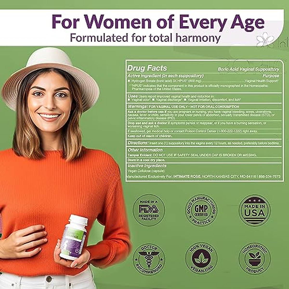 Intimate Rose Boric Acid Suppositories - Manages Odor - Promote pH Balance for Women Vaginal Health - 30-Count Medical Grade Boric Acid (600mg) + 7 Applicators