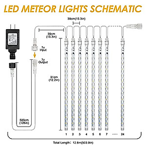 PGFUN Meteor Shower Rain Lights 24 Tubes 576 LEDs for Christmas Lights Halloween Party Holiday Garden Tree Thanksgiving Xmas Decoration (White)