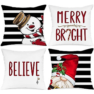 Lanpn Winter Merry Christmas Throw Pillow Covers 18x18 Set of 4, Decorative Red and Black Snowman Gnome 18 inch Holiday Cushion Cases Home Outside Porch Decor Decoration