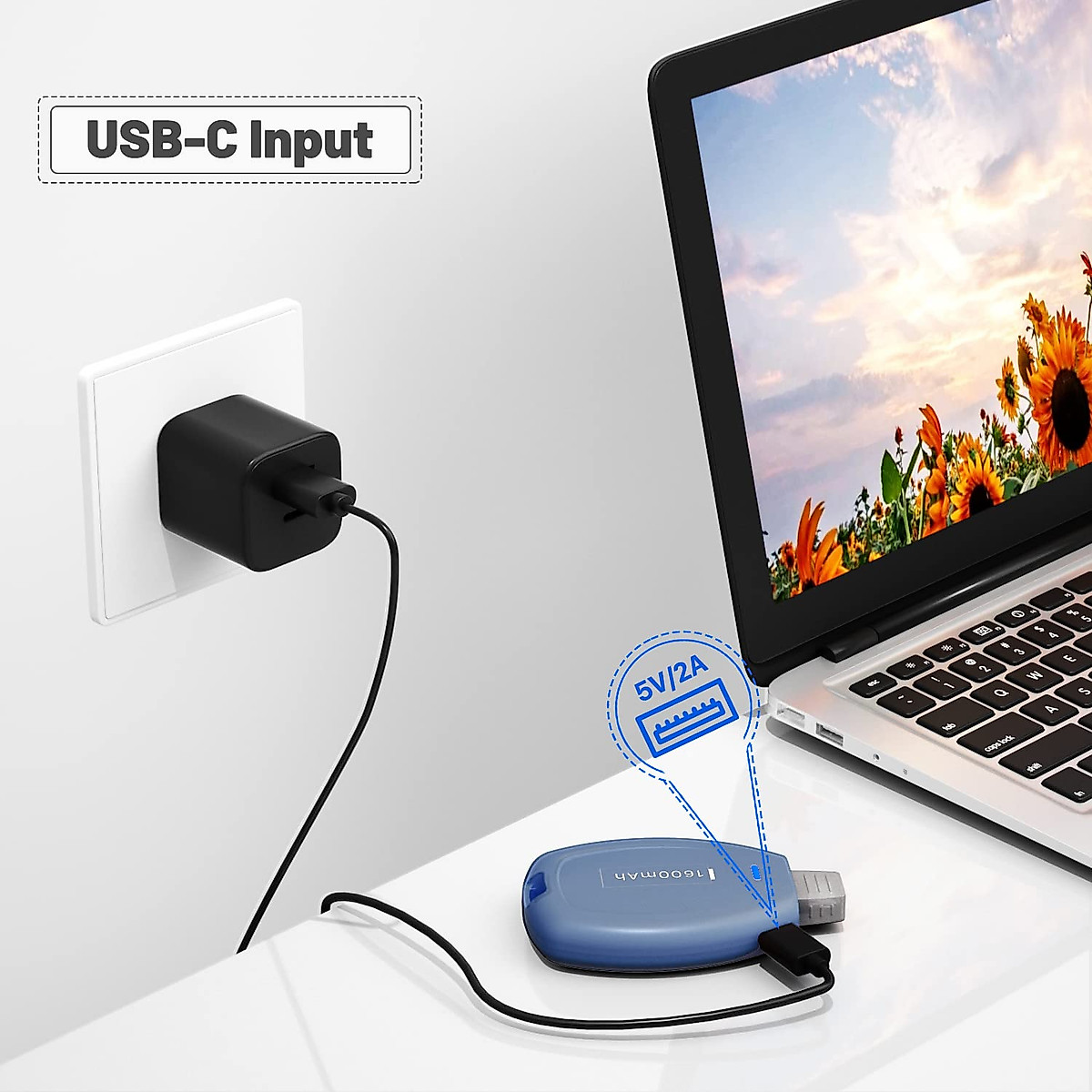 HUAENG USB C Keychain Portable Charger, 1600mAh Mini Type-C Power Emergency Pod Ultra-Compact External Battery Pack Power Bank for Samsung Andriod Key Ring Cell Phone Charger-Blue