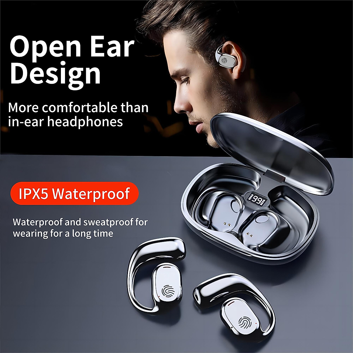 Open Ear Headphones, Wireless Earbuds Bluetooth 5.3 Headphones LED Power Display Charging Case 40H Playtime Premium Sound True Wireless Earbuds Sports Headphones for Running,Cycling,Workouts - Black2