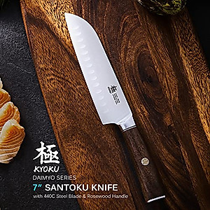 KYOKU 7 Inch Santoku Knife - Daimyo Series - Asian Knife Japanese Chef Knife with Ergonomic Rosewood Handle, & Mosaic Pin - Japanese 440C Stainless Steel Kitchen Knife with Sheath & Case