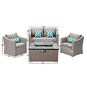 SUNBURY Outdoor 4-Piece Patio Furniture w Propane Fire Pit, Pearl Gray Rattan Conversation Set, 4 Blue Pillows w 32-inch Rectangle Wicker 40,000 BTU Fire Table w Glass Guard Fits 20 gal Tank Outside