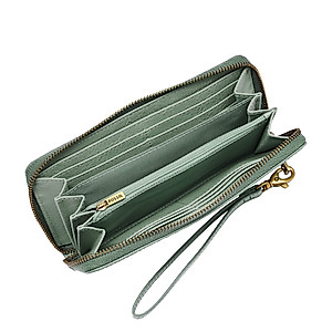 Fossil Women's Logan Leather Wallet RFID Blocking Zip Around Clutch with Wristlet Strap, Sage (Model: SL6570343)