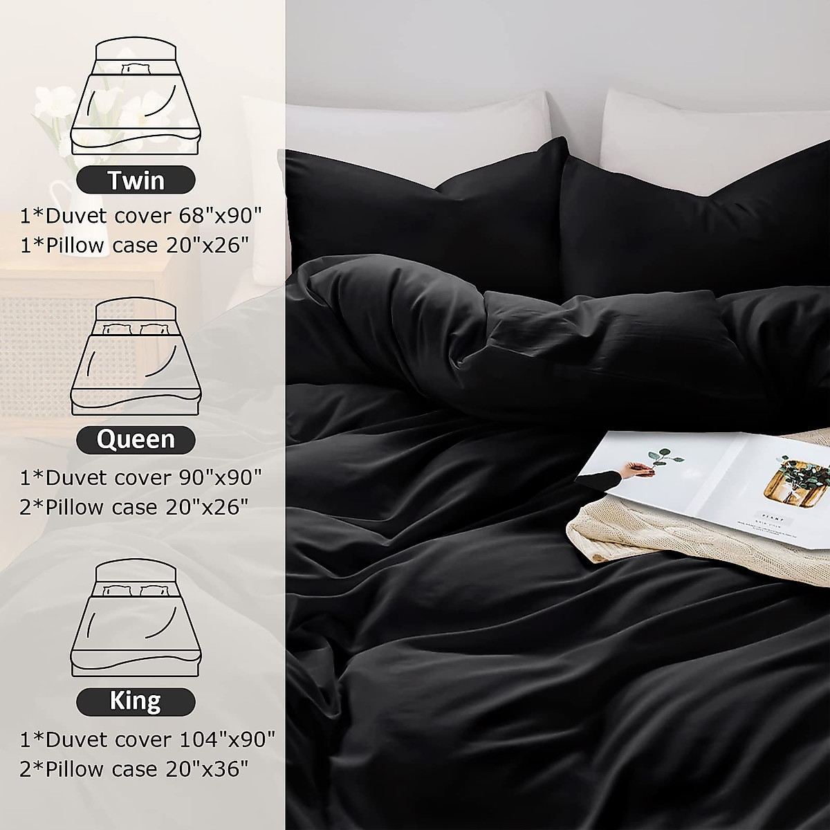 mafudoxi Twin Duvet Cover Set, Soft and Breathable Duvet Cover Twin Size, Duvet Cover Set with Zipper Closure & Corner Ties,1 Duvet Cover 68"x90" & 1 Pillow Cases, Black