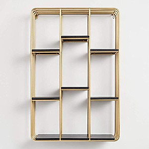 PIBM Stylish Simplicity Shelf Wall Mounted Floating Rack Shelves Simple Rectangle Iron Art Wooden Bedroom Bookshelf Lattice,4 Layers, Gold , 60x16.5x90cm