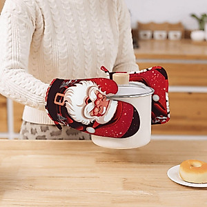 Santa Claus Christmas Printed Oven Mitts and Pot Holders Sets Heat Resistant Kitchen Oven Gloves Potholders Set Extra Long Non-Slip Silicone Gloves for Cooking Baking BBQ