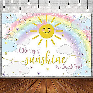 Sendy 7x5ft Rainbow Sunshine Baby Shower Backdrop A Little Ray of Sunshine is Almost Here Oh Baby Party Decorations Banner Cloud Bubble Gold Glitter Photography Background Cake Table Props Supplies
