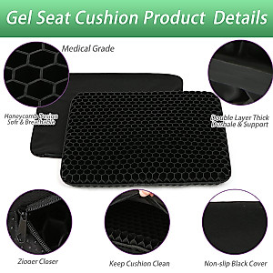 PUZXRRY Gel Seat Cushion - Double Layer Egg Gel Cushion with Breathable Non-Slip Cover for Office Car Wheelchair, Black