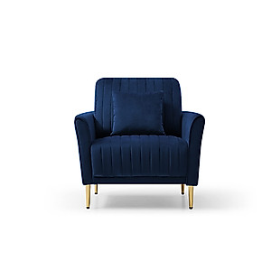 LIADTOP Velvet Accent, Modern Living Armchair Comfy Upholstered Single Sofa Chair for Bedroom Dorms Reading Reception Room with Gold Legs & Small Pillow,Navy, Blue