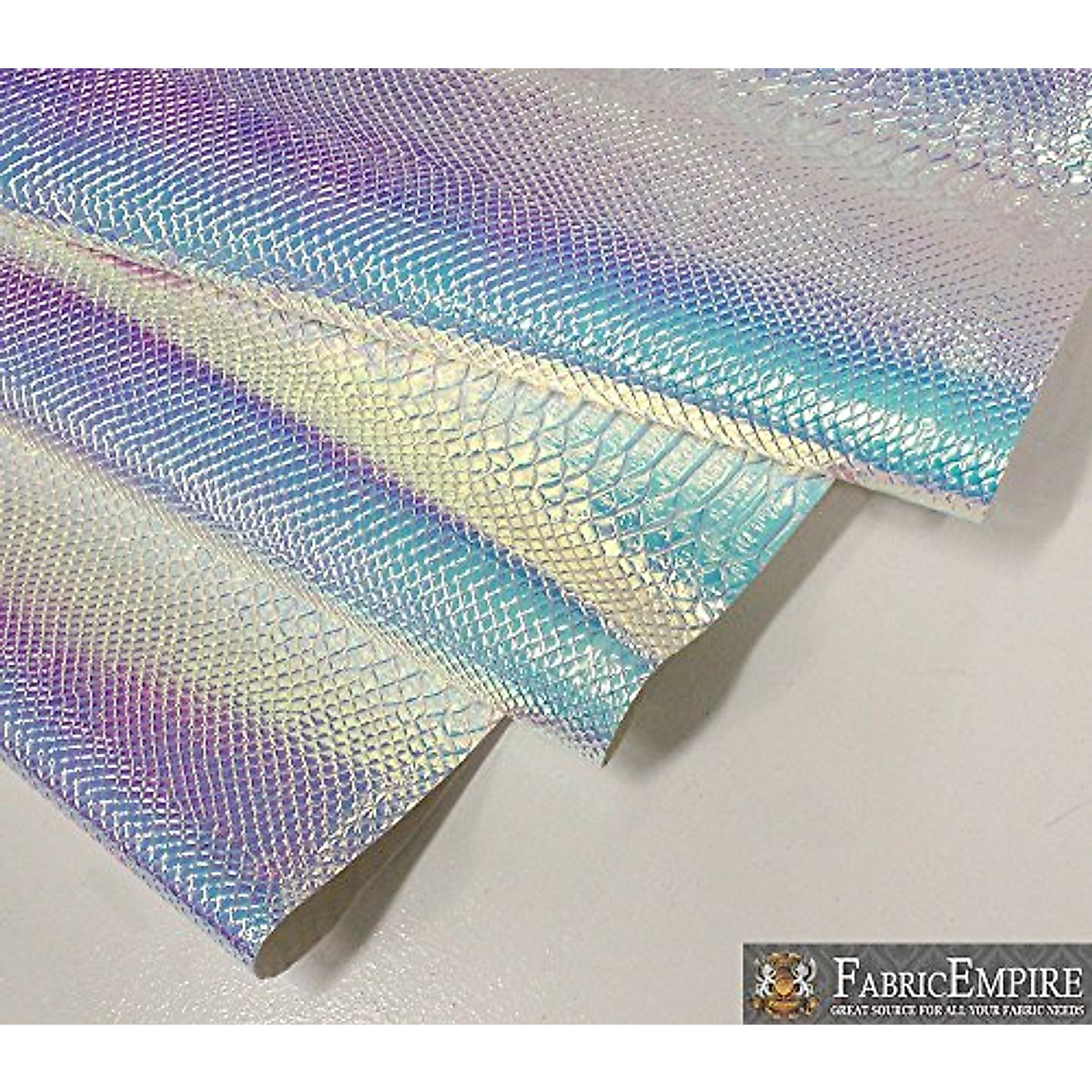 Fabric Empire Vinyl Upholstery Embossed Snake Holographic Glossy Fabric Light Blue 54" Wide Sold by The Yard