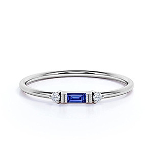 Dainty etneyjewels 0.21 Carat Natural White Diamond With Blue Sapphire Horizontal Baguette Cut Stackable Engagement Band Ring (Centre Blue Gemstone etneyjewels 0.15 ctw,Clarity I2,Color HI,9.5)