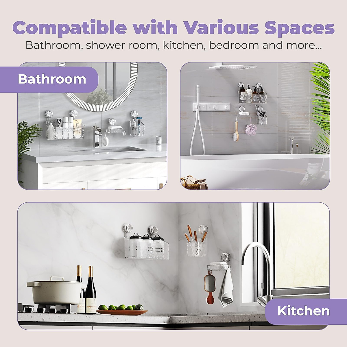 KATIKADDY Shower Caddy Suction Cup, 3 Piece Set Shower Organizer with Soap Dish, No Drilling Shower Shelf for Inside Shower Reusable for Bathroom Kitchen Living Room, Clear