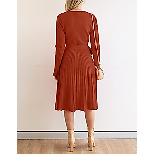 ZESICA Women's 2023 Fall Long Sleeve Wrap V Neck Ribbed Knit Pleated A Line Pullover Sweater Dress with Belt,Rust,Large
