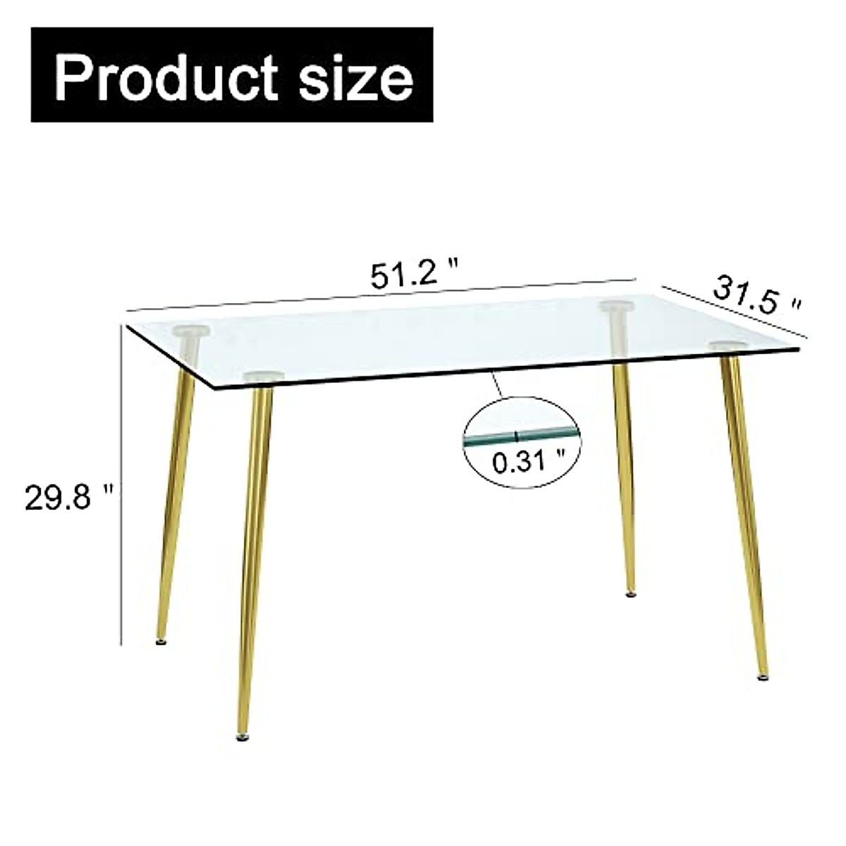 POULEII Glass Dining Table,Modern Minimalist Rectangular Table with Tempered Glass Tabletop and Golden Chrome Metal Legs for 6-8, Space Saving Dining Table for Kitchen Dining Room