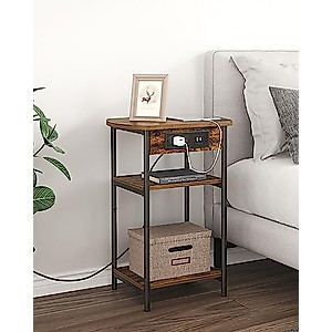 Hzuaneri End Table with Charging Station, 3 Tier Storage Bed Side Table with USB Port & Outlet, Couch Table, Nightstand for Living Room, Bedroom, Narrow Side Table, Rustic Brown and Black ET05201B