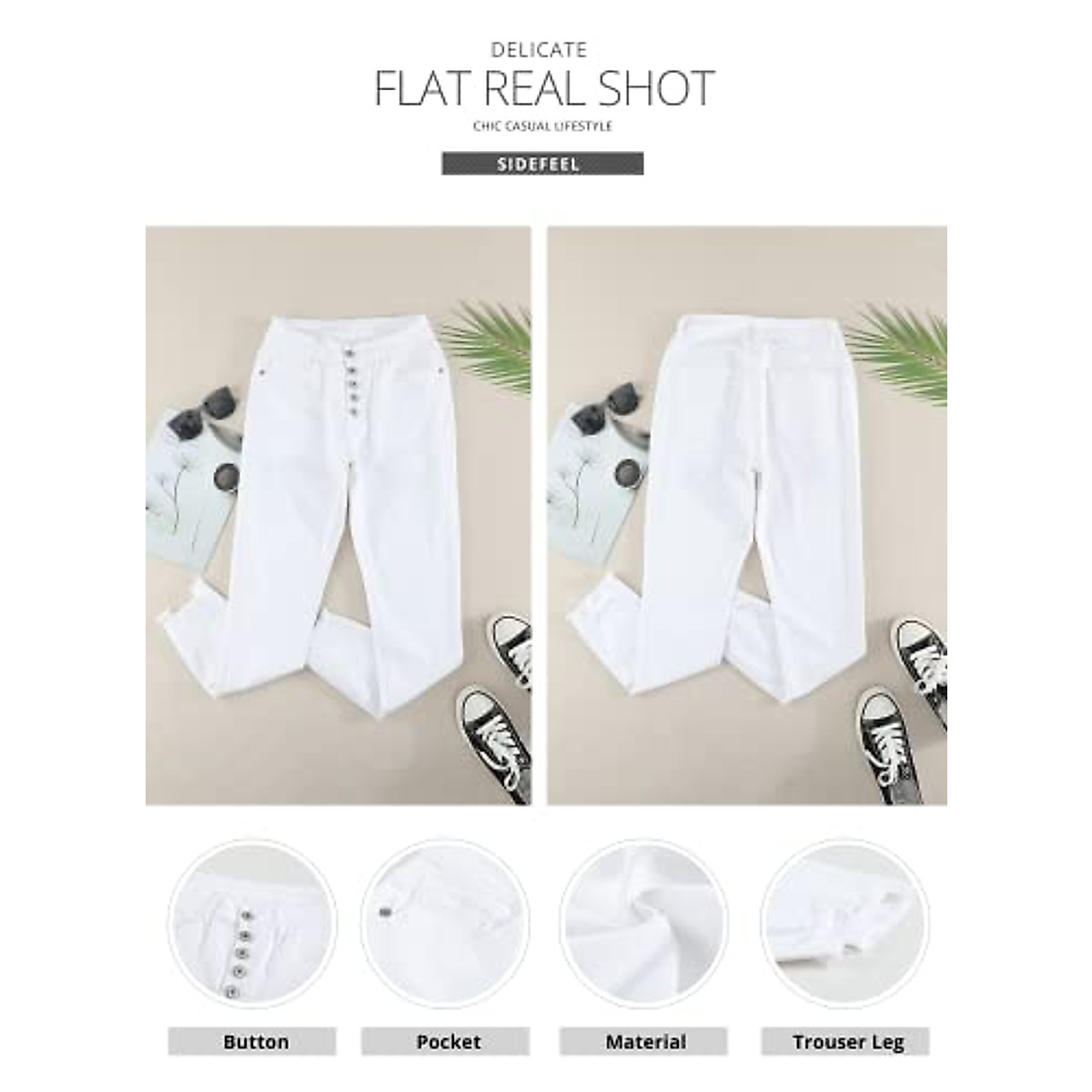 Sidefeel Womens High Waisted Skinny Jeans Button Fly Raw Hem Elegant Denim Pants X-Large White