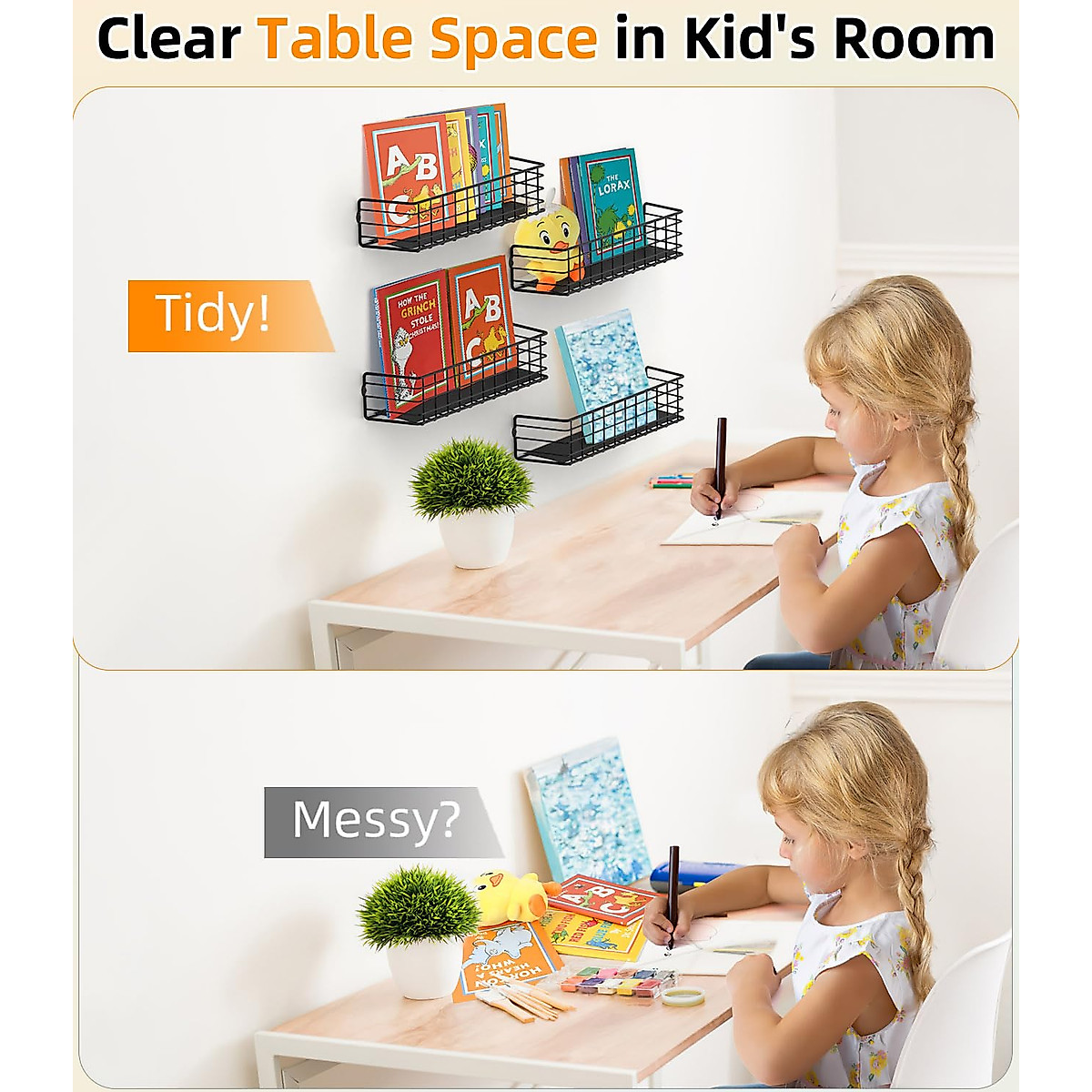 PrimZooty Kids Bookshelf - 2PACK, Black, 4.1" D x 16" W x 3.2" H, Metal Book Shelf for Wall, Versatile Floating Bookshelf for Nursery Toddler Classroom Bedroom, Kitchen, Pantry, Room Décor