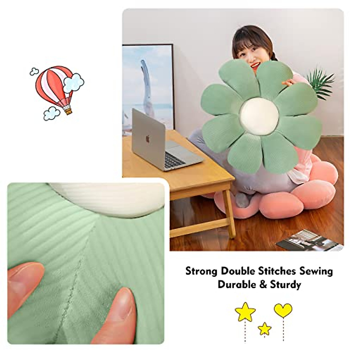 IBUYPADS Flower Pillow Flower Floor Pillow Cute Pillows Aesthetic Daisy Pillow Flower Floor Pillow Seating Cushion Flower Pillow Indie Flower Shaped Pillow (Green-S)