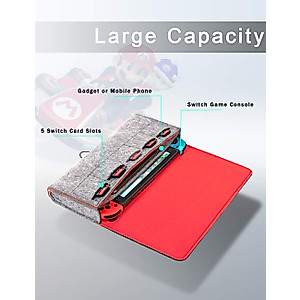 FNEIAE Switch Carrying Case, Ultra Slim Professional Protective Felt Pouch for Nintendo Switch with 5 Game Cartridges Holders - Light Grey