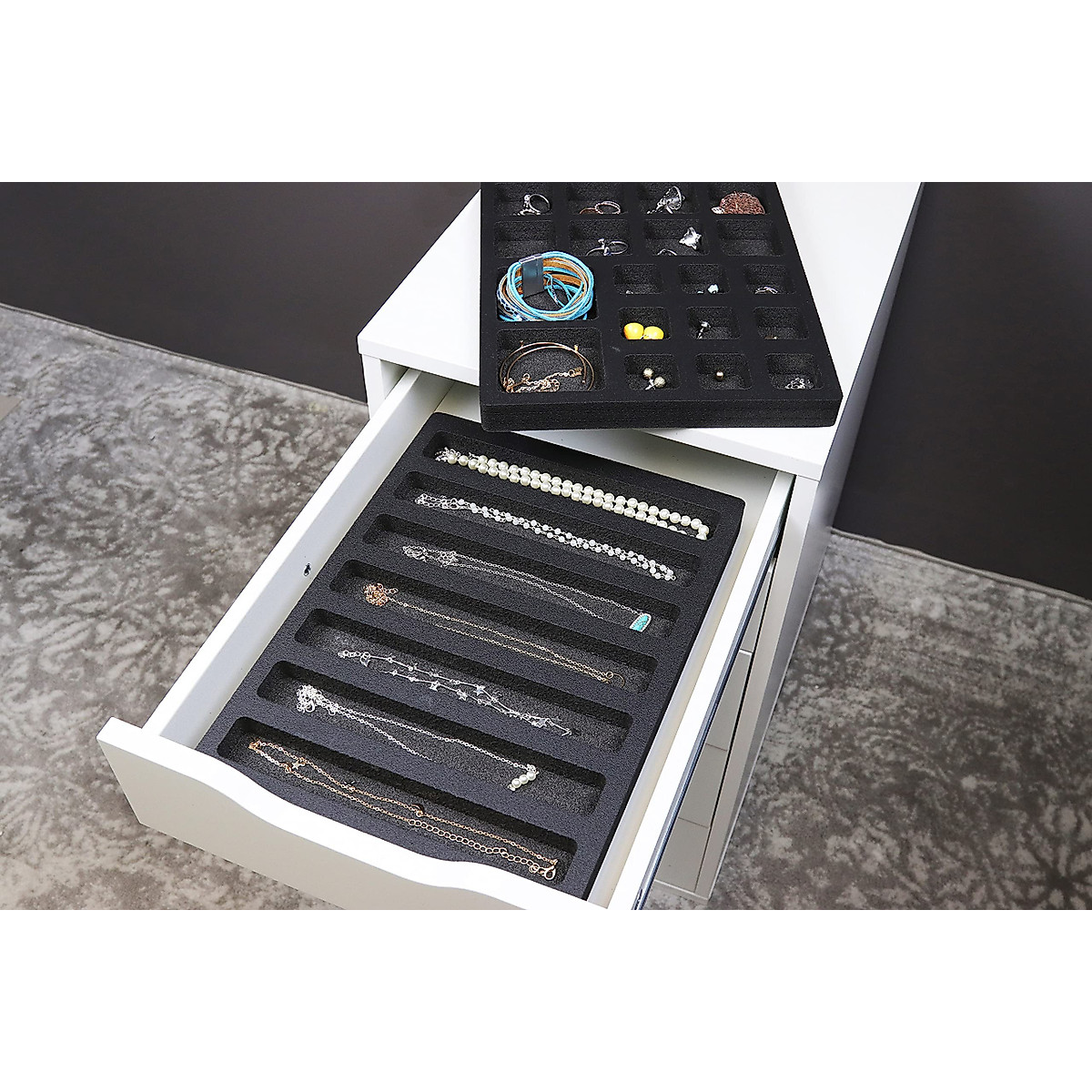 Polar Whale Stackable Jewelry Tray Display Organizer Grid for Home Bedroom Dresser Bathroom Vanity Drawer Durable Elegant Black Foam 14 x 10 Inches Bracelet Ear Ring Necklace and More 3 Piece Set