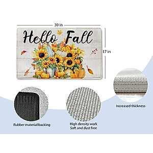 Bnwepo Fall Door Mat Autumn Doormats, Fall Welcome Mat, Hello Fall, Kitchen Mat Pumpkin Sunflower House Outdoor Mat, Farmhouse Front Door Porch Outdoor Indoor 17 x 30 Inch