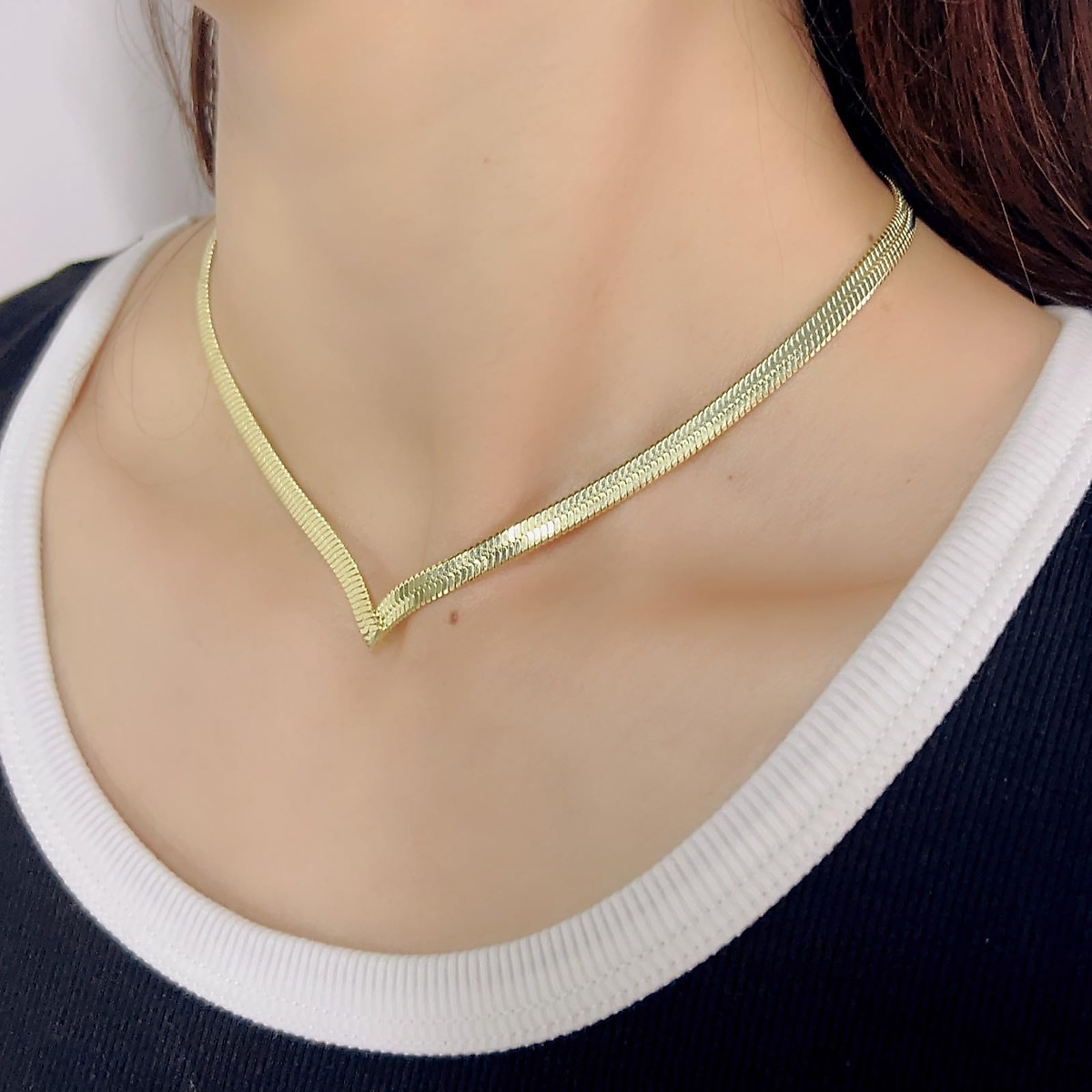 NALISASA 14K Gold Flat Snake Chain Choker Necklaces, Simple Minimalist V-Shaped Short Collar Clavicle Necklace Women Jewelry, Herringbone Necklace for Women
