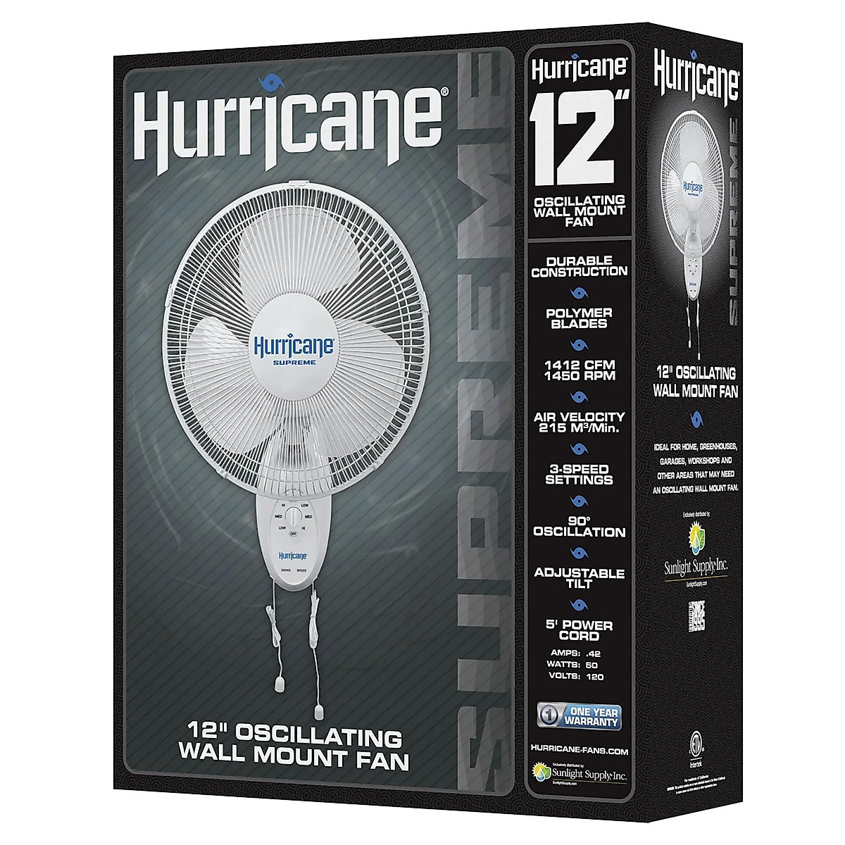 Hurricane Supreme 12" Oscillating Wall Mount Fan – Space-Saving, Powerful & Quiet 3-Speed Airflow, Adjustable Tilt for Home, Garage, Gym, and Workshop