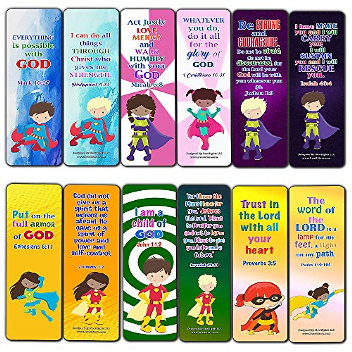 Religious Bookmarks for Kids - Super Hero (12 Pack) - Collection of Bible Verses for Kids - Stocking Stuffers Devotional Bible Study - Church Ministry Supplies Teacher Classroom Incentive Gifts
