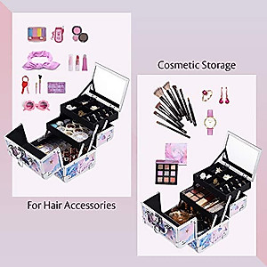 Joligrace Makeup Train Case for Girls Cosmetic Box Kids Jewelry Organizer Hair Accessories Storage Lockable with 2-Tier Trays & Mirror Mermaid Princess