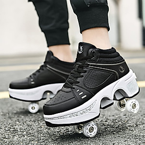 Roller Skate Shoes for Women Four Rounds Children's Roller Skates Shoes That Turn into Rollerskates Sneakers Outdoor Light Shoes with Wheels for Girls/Boys (Black NO Light, US 7.5)