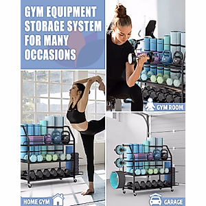 Staransun Yoga Mat Storage Rack, Home Gym Workout Accessories Organizer, Sporting Goods Storage with Baskets and Hooks, Yoga Mats, Dumbbell, Resistant Band, and other Workout Equipment Holder