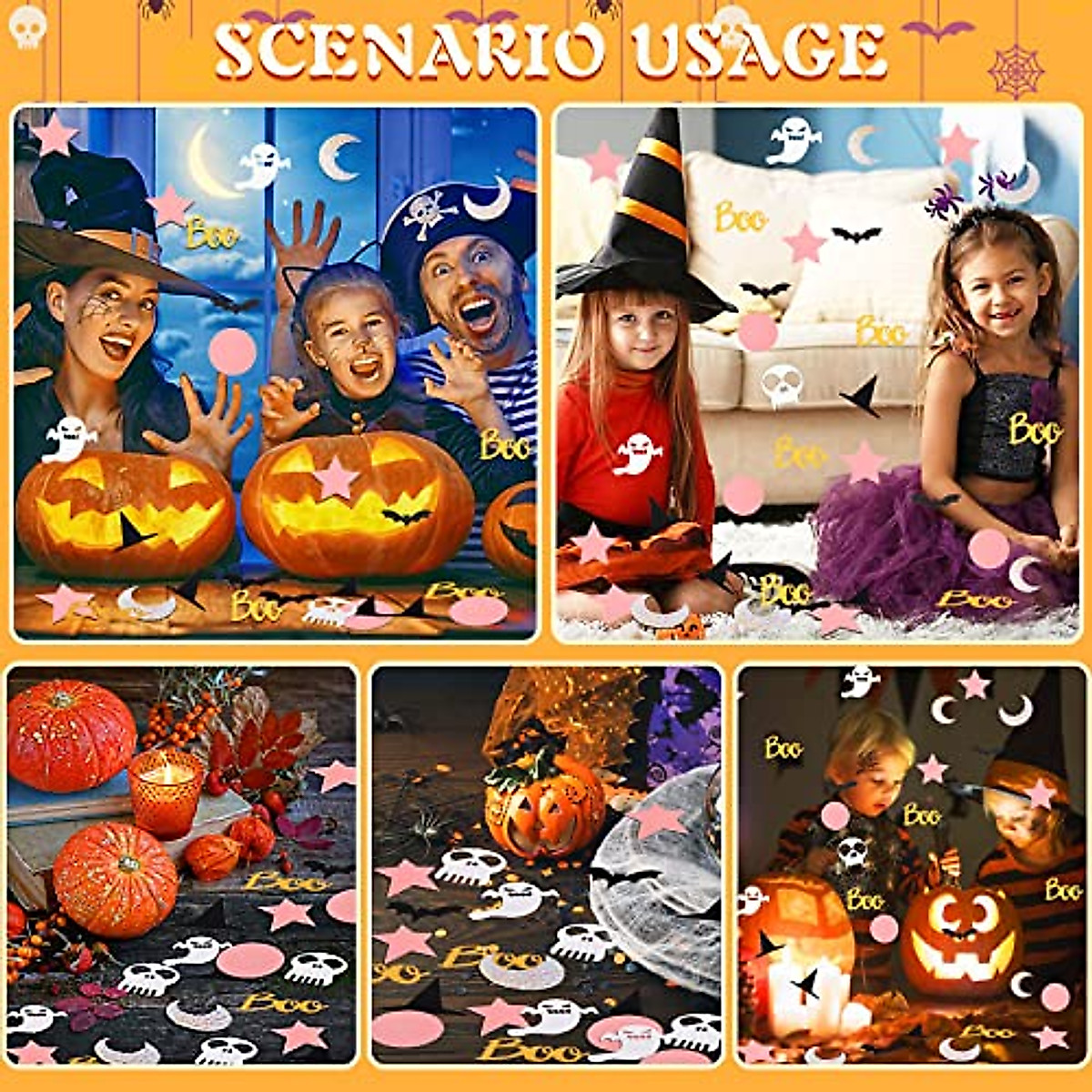 JULBEAR 300Pcs Halloween Confetti Glitter Decorations, Bat Ghost Black Pink Halloween Confetti for Party Table Scatter Decorations, Halloween Table Decor Party Favors