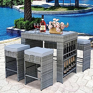5 Pieces Outdoor Bar Set, Outside Patio Wicker Furniture Set with 4 Cushions Stools and 4 Tier Storage Shelf, Rattan Bar Height Table and Chairs for Garden, Porches, Backyard, Indoor, Pool Deck (Gray)